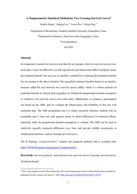 Pdf A Nonparametric Statistical Method For Two Crossing Survival Curves