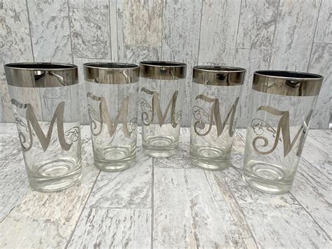Mid Century Modern Glass Set M Monogram Silver Rim Drink Ware Dorothy