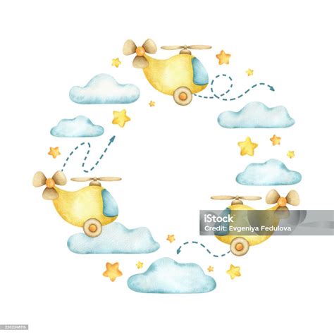 노란색 장난감 헬리콥터 화살표 구름 및 별 아기 항공기의 고립 된 수채화 둥근 프레임 어린이 용품 디자인 카드 베이비 샤워 포스터 스크랩북에 대 한 항공 운송의 화환 0명에