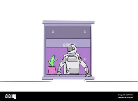 Continuous One Line Drawing Astronaut Looking Outside Window In Moon Surface Spaceman With A