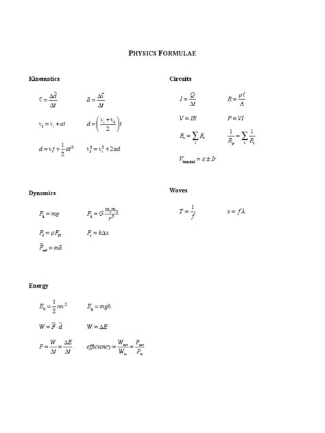 Formula Sheet Physics 11 Pdf