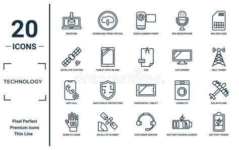 technology linear icon set includes thin line received satellite