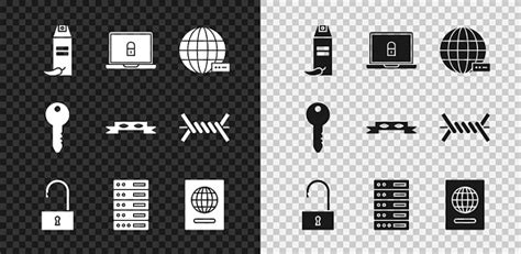 후추 스프레이 노트북 및 잠금 소셜 네트워크 열린 자물쇠 서버 데이터 웹 호스팅 여권 열쇠 및 도둑 아이 마스크 아이콘을 설정합니다 벡터 개성 개념에 대한 스톡 벡터 아트