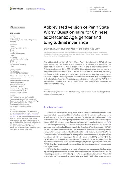 Pdf Abbreviated Version Of Penn State Worry Questionnaire For Chinese Adolescents Age Gender