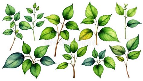 Collection Of Lush Green Leaf Branches Botanical Illustration Art For Nature Design Stock