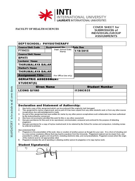 Pdf Cover Page For Assignment Submission Dokumen Tips