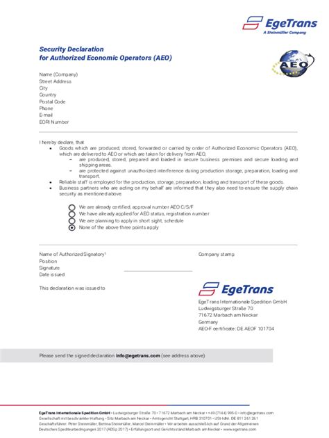 Fillable Online Security Declaration For Authorised Economic Operators Aeo Fax Email Print
