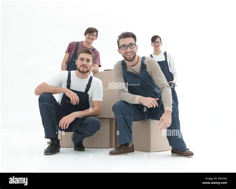 Men With Stacked Boxes Isolated On White Stock Photo Alamy