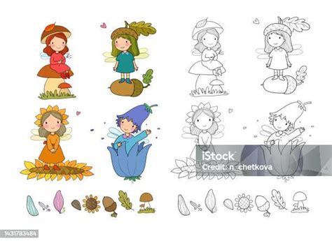 귀여운 작은 만화 요정 여자 숲 놈들 날개를 가진 엘프 공주 색칠 공부 책을위한 일러스트레이션 단색 및 컬러 버전 벡터 요정 가공의 인물에 대한 스톡 벡터 아트 및 기타