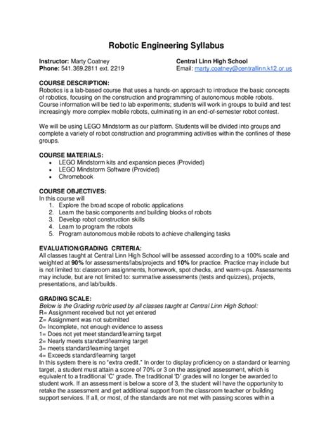 Fillable Online Robotic Engineering Syllabus Fax Email Print Pdffiller