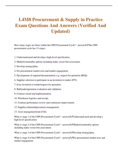 L4m8 Procurement And Supply In Practice Exam Questions And Answers Verified And Updated Cips
