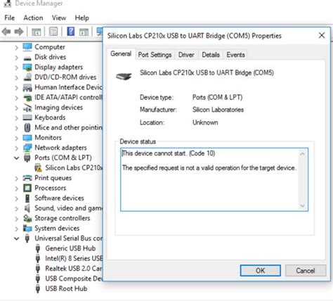 cp210x usb to uart driver problems windows 8 1 code 10 device cannot start