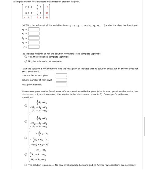 Solved A Simplex Matrix For A Standard Maximization Problem