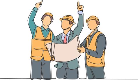 Single Continuous Line Drawing Of Young Architect Holding Blueprint And Discussing Building