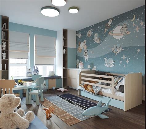 Дизайн проект детской комнаты в сине белых тонах с мягкими медвежатами на полу