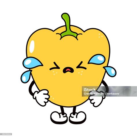 귀여운 재미 울고 슬픈 고추 캐릭터 벡터 손으로 그린 전통 만화 빈티지 복고풍 카와이 캐릭터 일러스트 레이 션 아이콘 흰색 배경에 고립되어 있습니다 외침 후추 캐릭터 개념