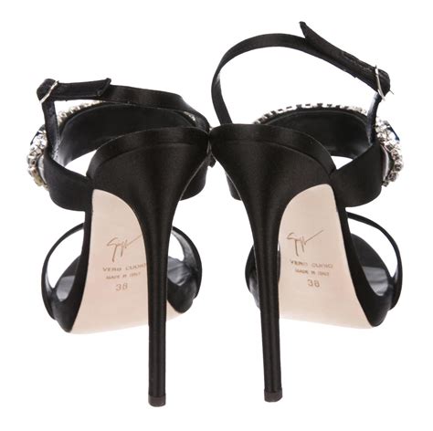 New Giuseppe Zanotti Black Satin Crystal Embellished Slingback Sandals