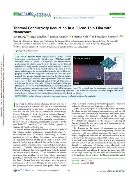 Pdf Thermal Conductivity Reduction In A Silicon Thin Film With Nanocones