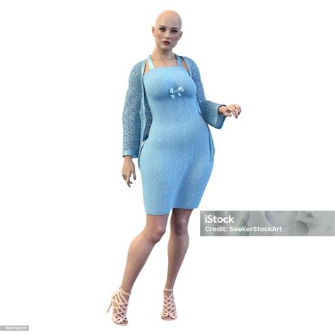 파란색 무릎 길이의 여름 드레스를 입고 끈이 달린 하이힐을 신고 고립된 배경에 있는 여성 3d 렌더링 3d 일러스트레이션 금발 머리에 대한 스톡 사진 및 기타 이미지