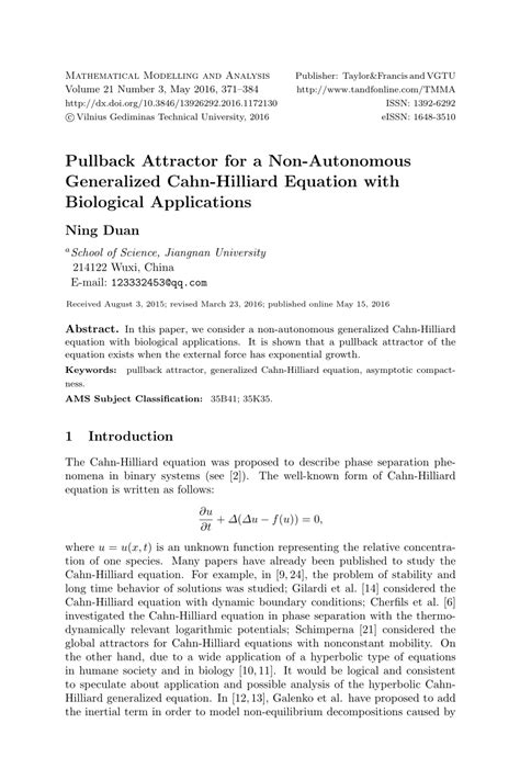 Pdf Pullback Attractor For A Non Autonomous Generalized Cahn Hilliard Equation With Biological