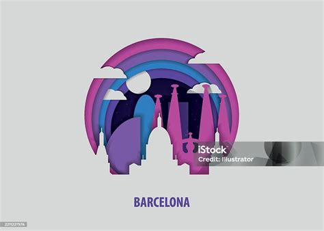 스페인 바르셀로나 크리 에이 티브 종이 컷 레이어 공예 벡터 일러스트 레이 션 종이접기 스타일 도시 스카이 라인 여행 깊이 환상 예술 0명에 대한 스톡 벡터 아트 및 기타