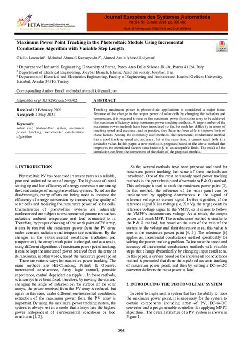 Pdf Maximum Power Point Tracking In The Photovoltaic Module Using Incremental Conductance
