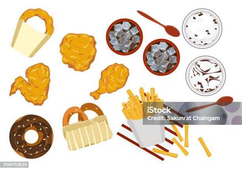 패스트 푸드 레스토랑 메뉴가있는 패스트 푸드 세트 프라이드 치킨 치킨 팝 프라이드 치킨 윙 감자 튀김 어니언 링 스낵 청량 음료