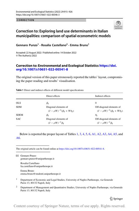 Pdf Correction To Exploring Land Use Determinants In Italian