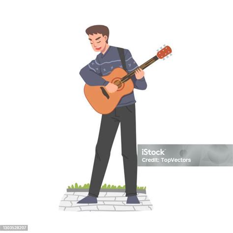 어쿠스틱 기타를 연주하는 남성 스트리트 기타리스트 캐릭터 라이브 퍼포먼스 만화 스타일 벡터 일러스트레이션 거리에 대한 스톡 벡터