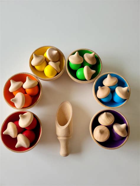 Acorn Sorting Set With Scoop Montessori Toy Rainbow Colors Learning