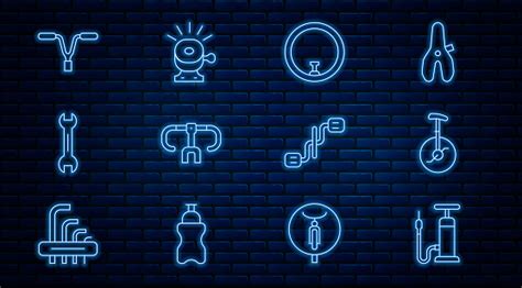 세트 라인 자전거 공기 펌프 외발 자전거 또는 한 바퀴 자전거 핸들 바 렌치 스패너 페달 및 벨 아이콘 벡터 1에 대한 스톡