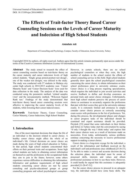 PDF The Effects Of Trait Factor Theory Based Career Counseling Sessions On The Levels Of