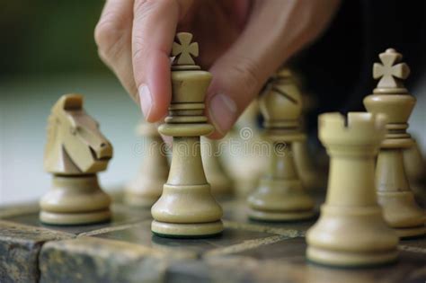 closeup on hand placing last rook on a stone chessboard stock