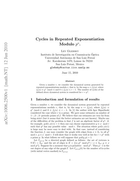 Pdf Cycles In Repeated Exponentiation Modulo Pn