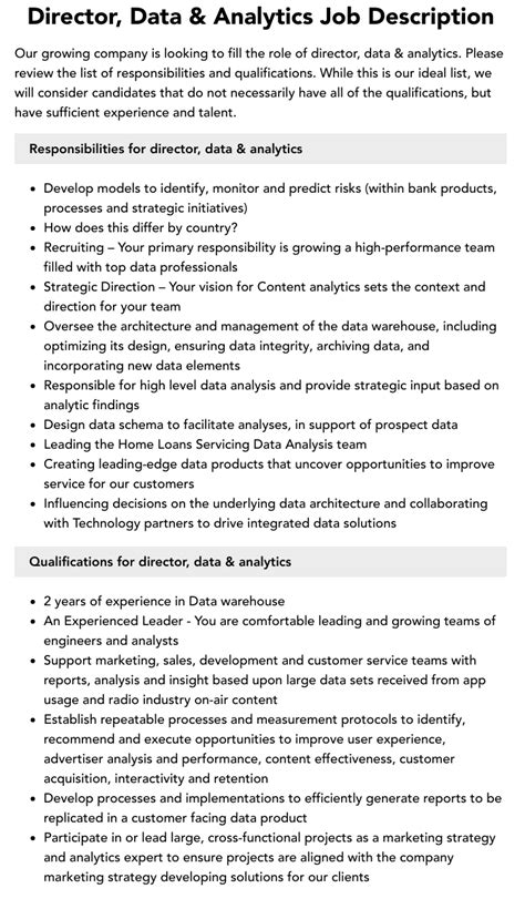 Director Data And Analytics Job Description Velvet Jobs