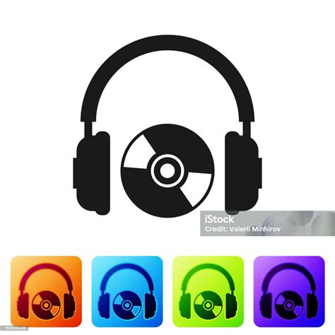 블랙 헤드폰 및 Cd 또는 Dvd 아이콘 흰색 배경에 고립 이어폰 기호입니다 컴팩트 디스크 기호입니다 색상 사각형 버튼에 아이콘을 설정 합니다 벡터 일러스트 Dj에 대한