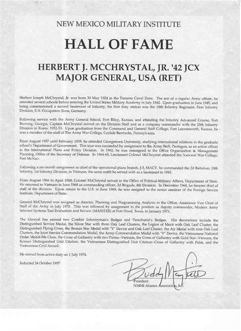 1996 Mg Herbert Joseph Mcchrystal Jr Usa Ret 1942 Jc Nmmi Alumni