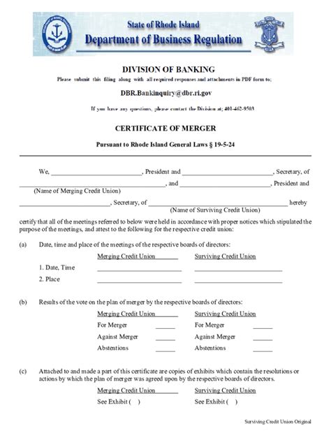 Fillable Online Dbr Ri Certificate Of Merger Department Of Business Regulation Fax Email Print