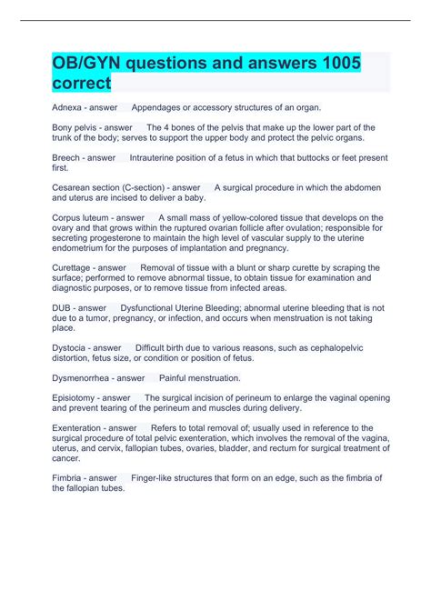 Ob Gyn Questions And Answers 1005 Correct Obgyn Stuvia Us