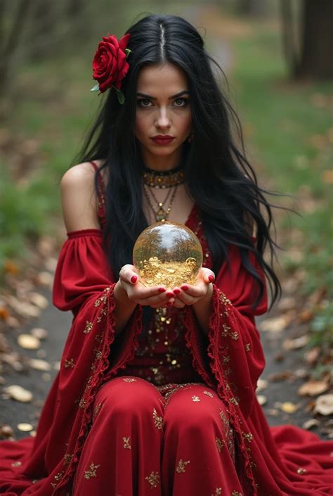 Beautiful Gypsy Woman Long Black Hair Piercing Eyes Red Costumes With