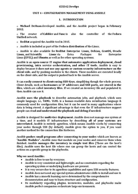 Ccs342 Devops Unit 4 Ansible Notes Ccs342 Devops Unit 4 Configuration Management Using