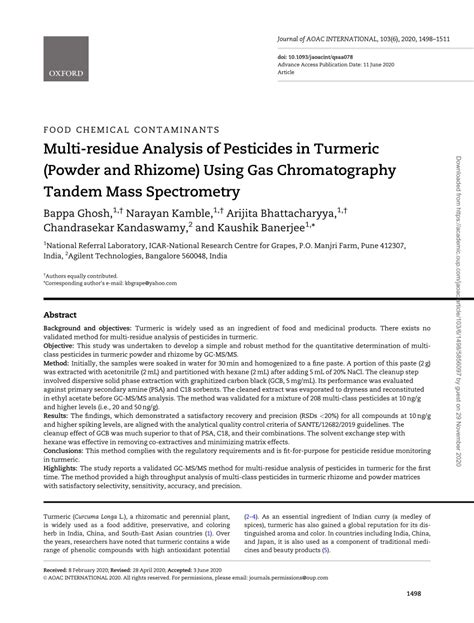 Pdf Multi Residue Analysis Of Pesticides In Turmeric Powder And Rhizome Using Gas