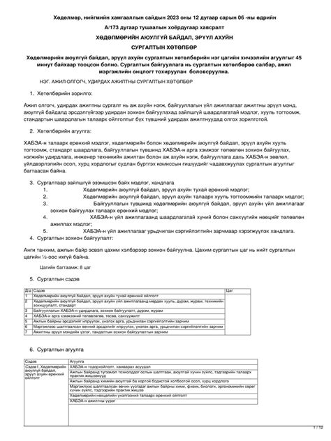 Legalinfo Mn ХӨДӨЛМӨРИЙН АЮУЛГҮЙ БАЙДАЛ ЭРҮҮЛ АХУЙН СУРГАЛТЫН ХӨТӨЛБӨР Pdf