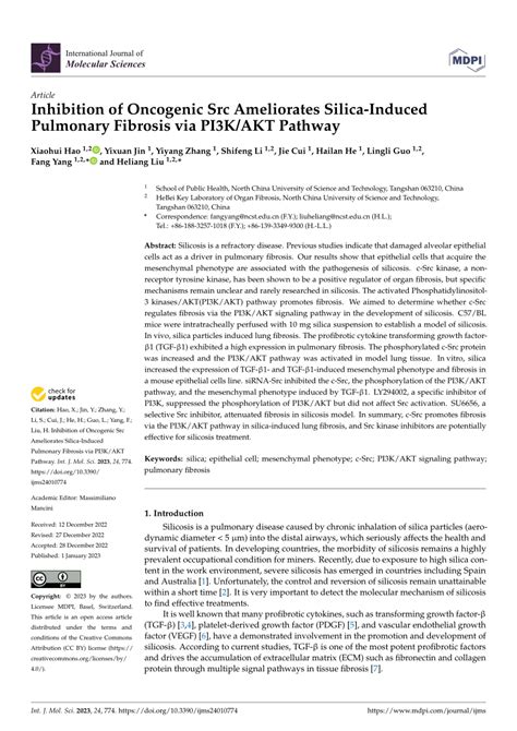 Pdf Inhibition Of Oncogenic Src Ameliorates Silica Induced Pulmonary Fibrosis Via Pi3k Akt Pathway