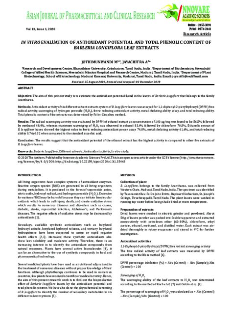 Pdf In Vitro Evaluation Of Antioxidant Potential And Total Phenolic Content Of Barleria