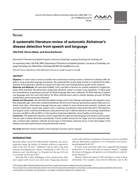 Pdf A Systematic Literature Review Of Automatic Alzheimers Disease Detection From Speech And