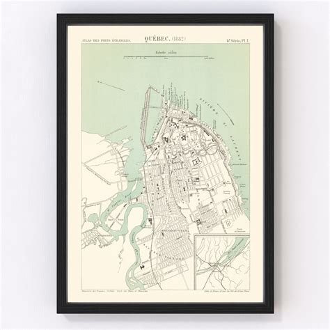 Québec Map Old Map of Québec Canada Art Vintage Print Framed