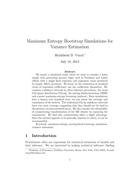Pdf Maximum Entropy Bootstrap Simulations For Variance Estimation