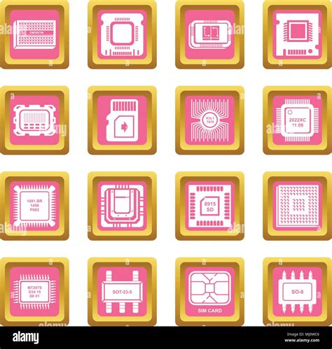 Computer Chips Icons Set Pink Square Vector Stock Vector Image And Art Alamy