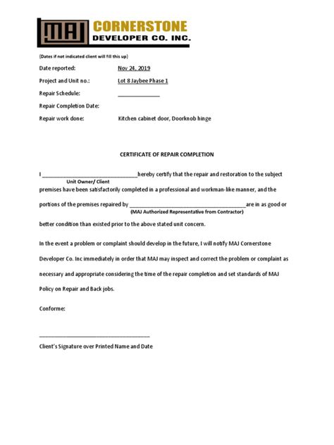 Certificate Of Repair Completion